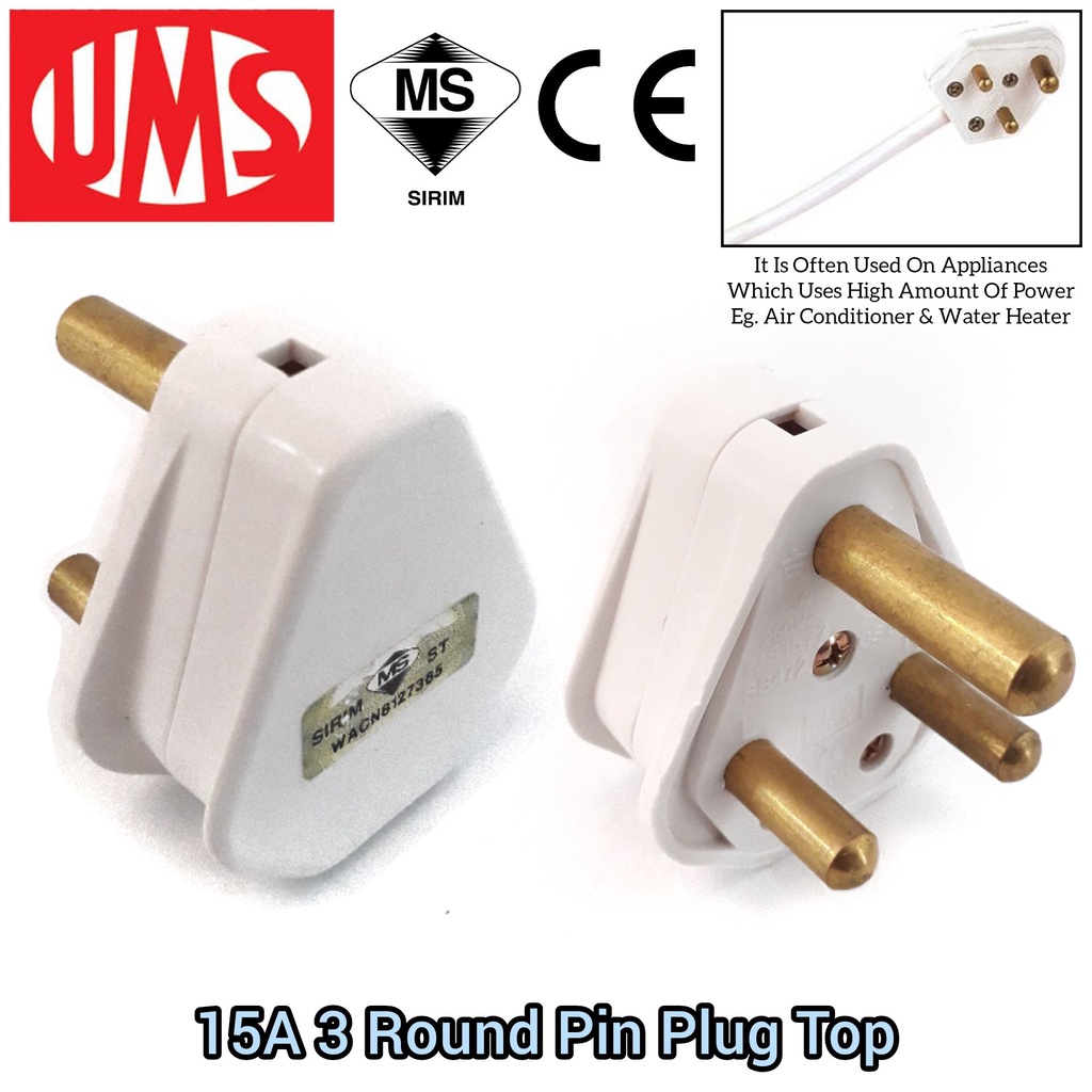 UMS 15A 3 Round Pin Plug Top For Heavy Duty Home Household Electrical ...
