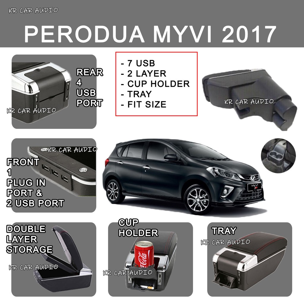 Perodua Myvi new 2017 Armrest with 7 USB port PVC ABS Console Box [4 ...