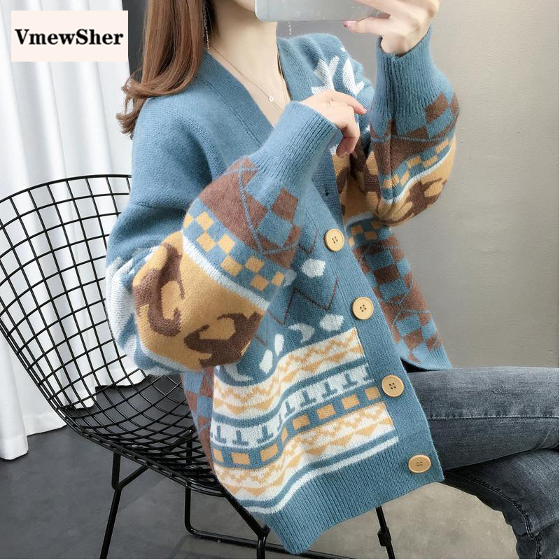 VmewSher Knitted Printted Women Sweater Cardigans Single Breasted Long ...
