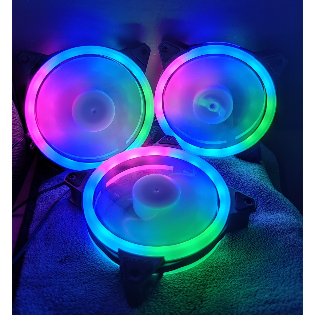 Fan 120mm 12cm gaming PC case cooling LED RGB Rainbow Colour Double ...