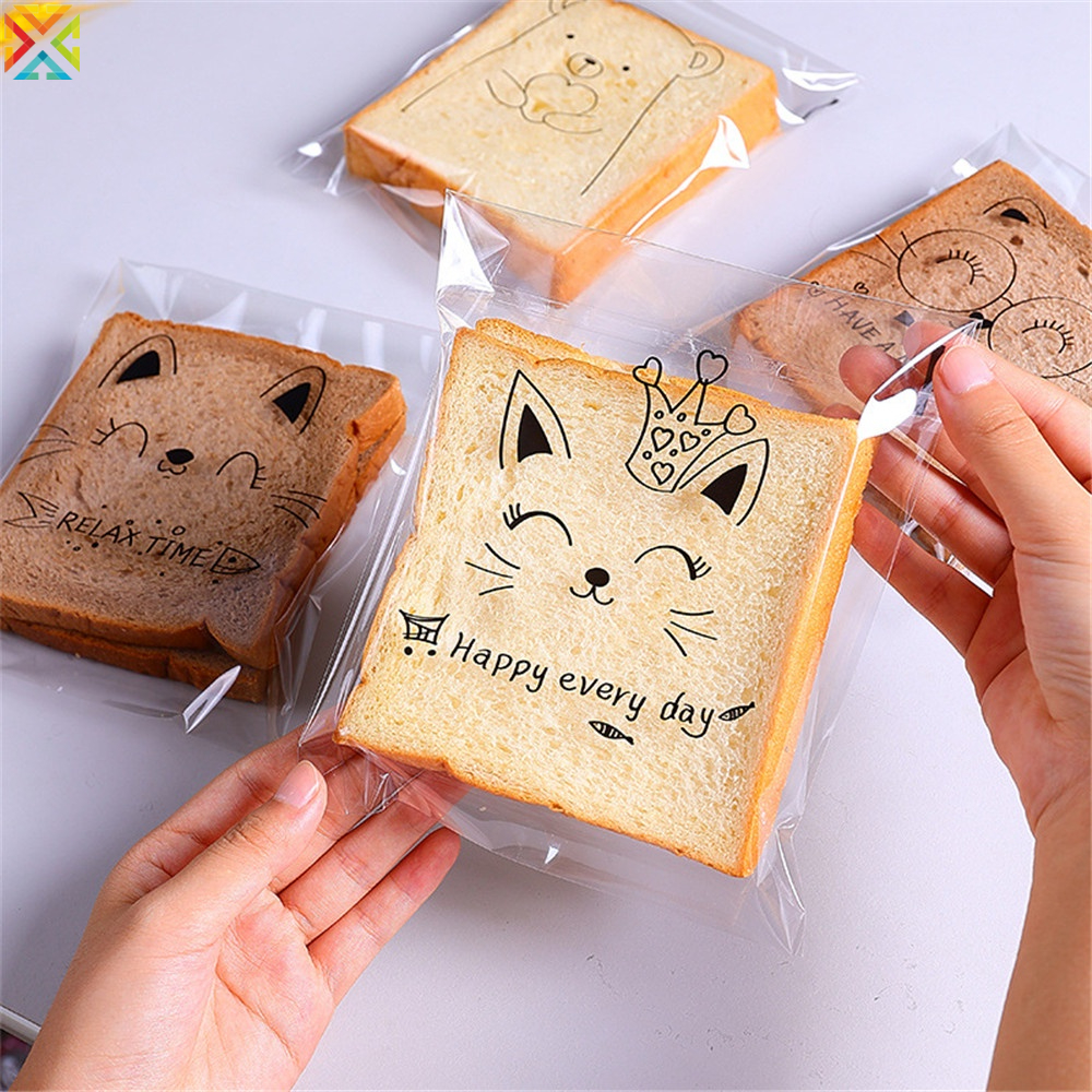 100pcs Transparent Self-adhesive Cute Cartoon Bread Paste Baked Sliced ...