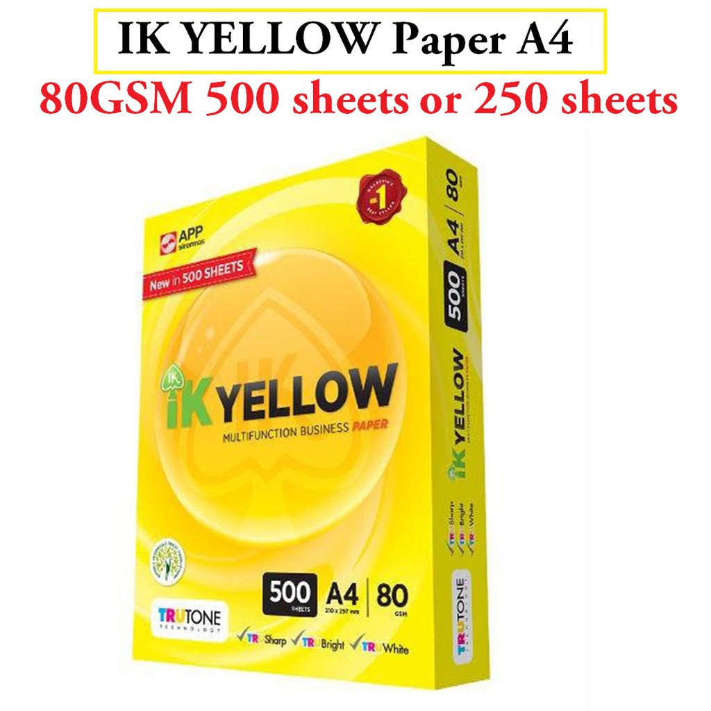 IK YELLOW Paper A4 - 80GSM 500 sheets or 250 sheets Printing, copy, laser and inkjet | Shopee ...