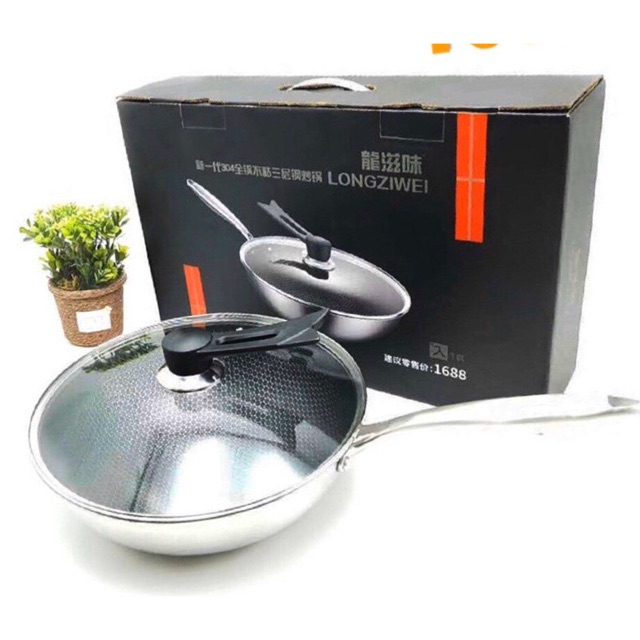 32cm Stainless Steel Non Stick Frying Wok Pan Cooking Pot With Cover ...