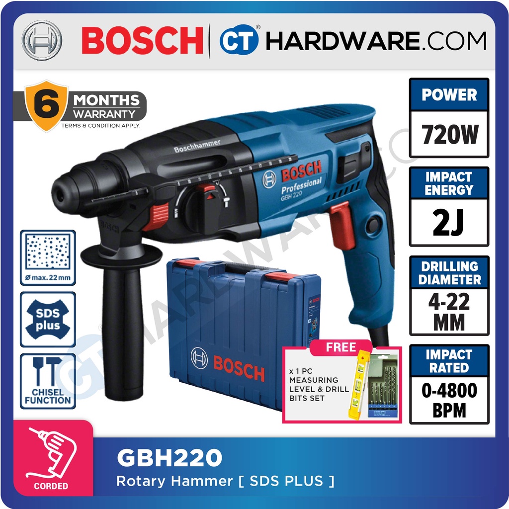 BOSCH GBH 220 PROFESSIONAL CORDED ROTARY HAMMER SDS PLUS | 3-MODES | 720W (GBH220) [ 06112A60L0 ...