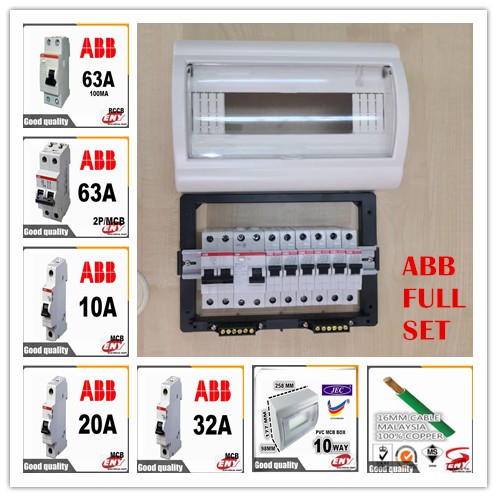 10 WAY Distribution Box DB ABB Full Set Single Phase 63a RCCB 0.1ma C/W ...