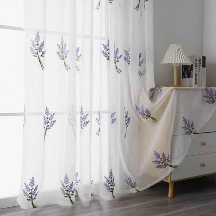 Embroidered Lavender Sheer Curtain For Living room Bedroom Voile ...