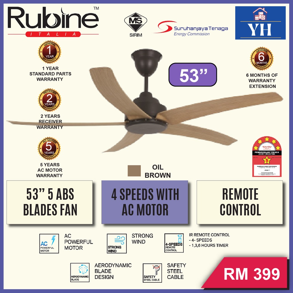 Rubine 53" 5 Blades 4 Speeds AC Motor Ceiling Fan with Remote Control ...