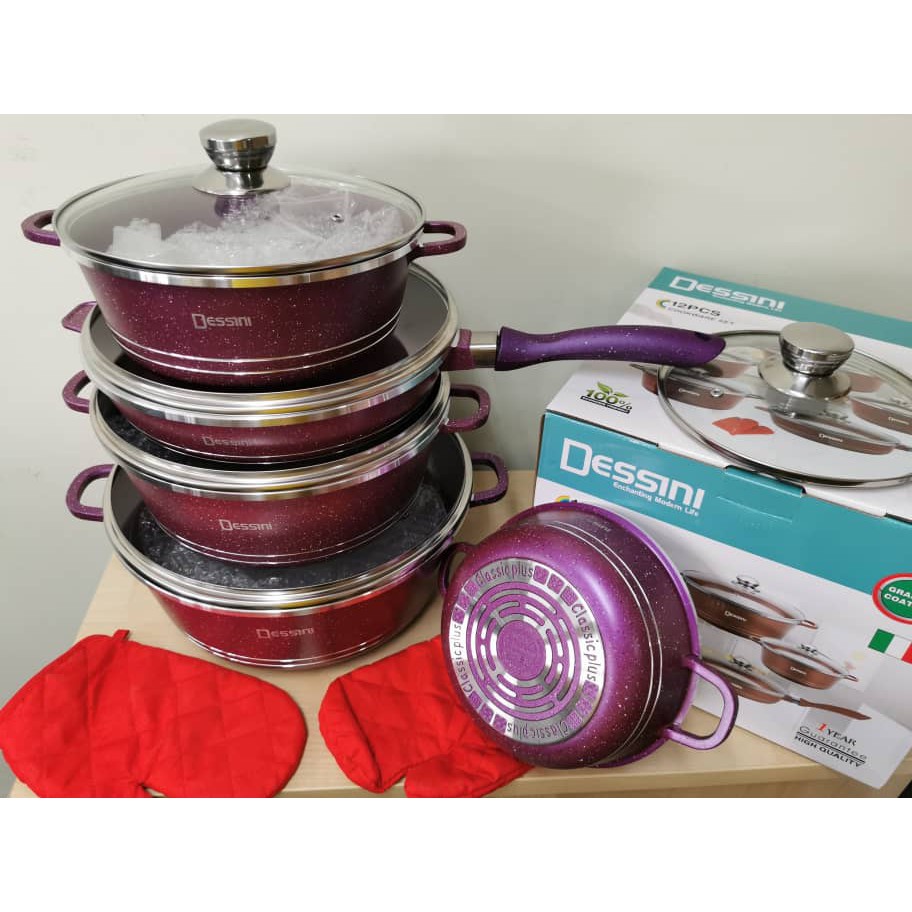 12 PCS Dessini Italy Non Stick Granite Cooking Pot Frying Pan Set ...