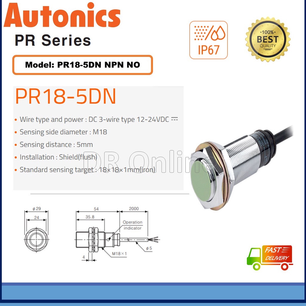 Autonics Proximity Sensor PR18-5DN M18 Sensing 5mm DC3 WIRE NPN NO , 12-24VDC ~ PR18-5DN ...