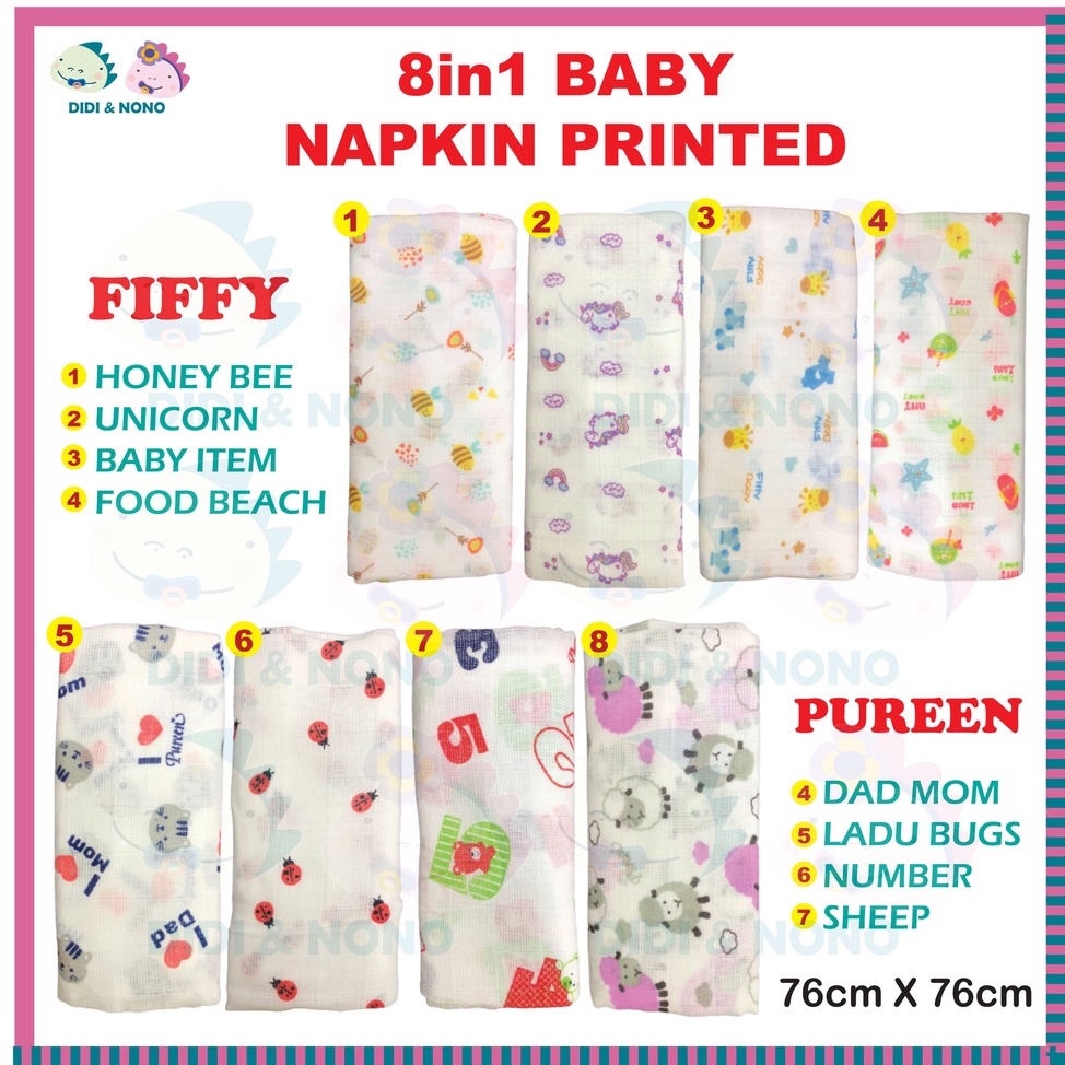 FIFFY PUREEN Baby Napkin Printed ( Mix 8 Design ) | Shopee Malaysia