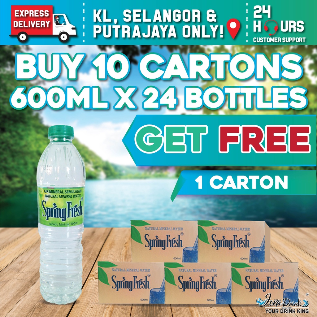 BUNDLE OF 10 CARTONS : SPRING FRESH MINERAL WATER 600ML x 24 BOTTLES ...