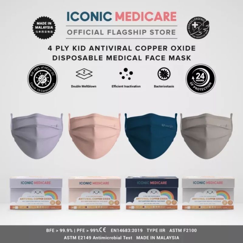 ICONIC [Kids ] Iconic 4 Ply Antiviral Copper Medical Face Mask - Plain ...