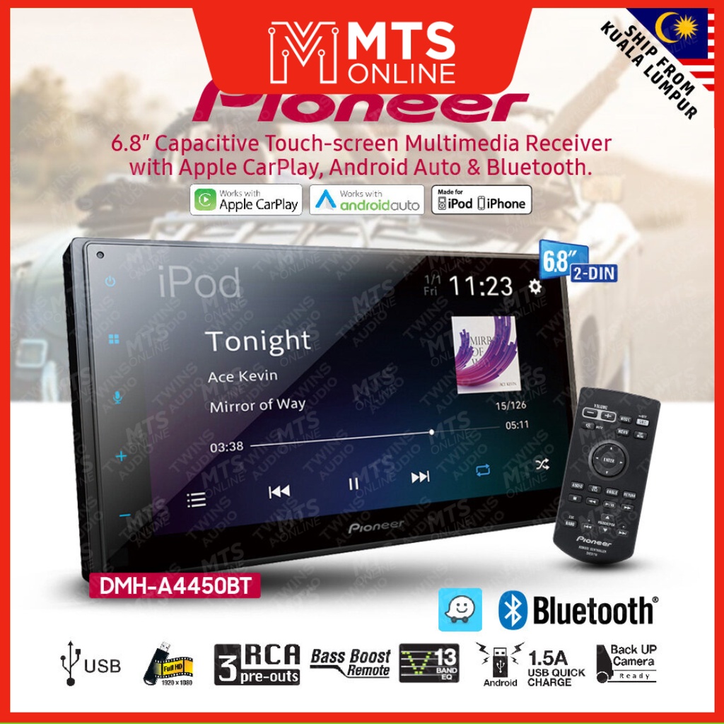 Pioneer DMH-A4450BT 6.8" Capacitive WVGA Touchscreen Display In-Dash Double-DIN A-Series AV ...