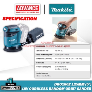 MAKITA DBO180 / DBO180Z 18V Cordless Random Orbit Sander 125MM (5 ...