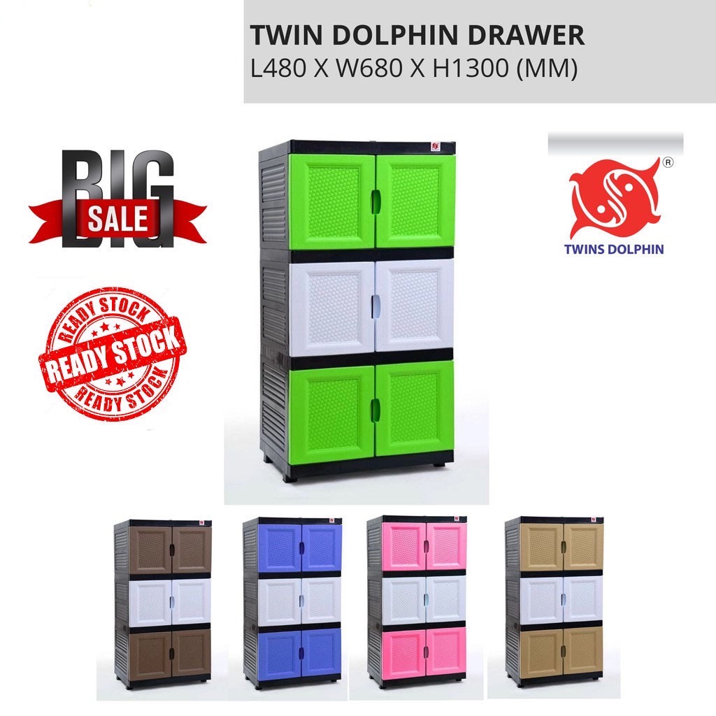 Twins Dolphin GH243/3 3 Tier 6 Door Plastic Cabinet Drawer Clothes ...