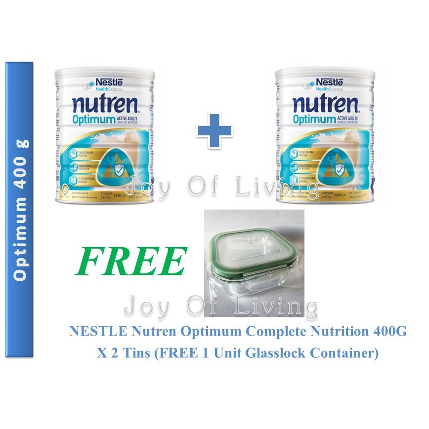 Nestle Nutren Optimum Complete Nutrition 400g x 2 Tins Free 1 Glasslock container (Exp. 08/2023 ...