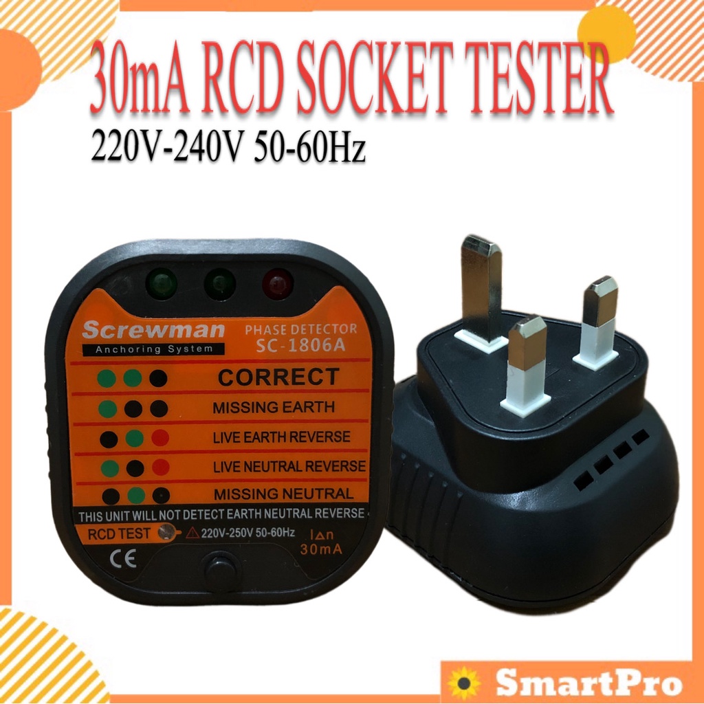 Screwman British Standard 3 Pin 13Amp ELCB RCD Socket Tester ELCB ...