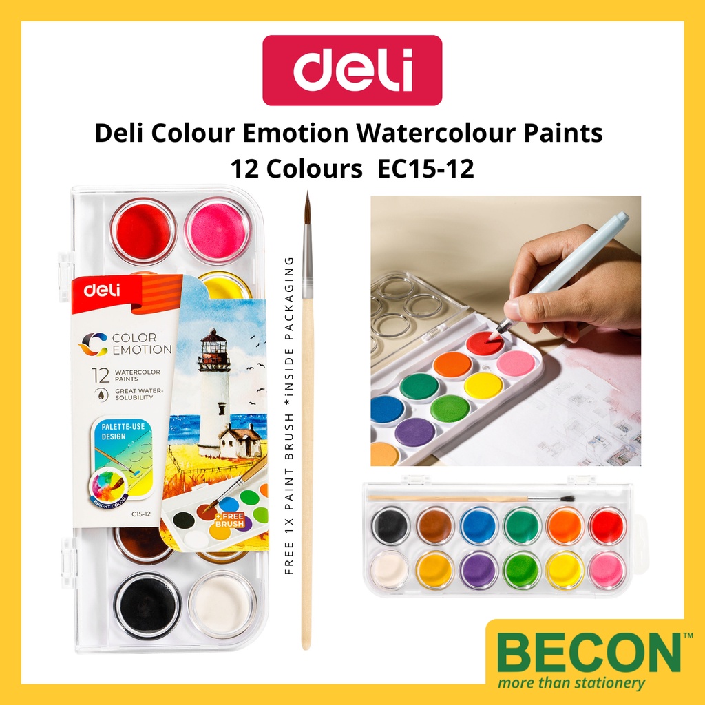 Deli Colour Emotion Watercolour Paints 12 Colours with brush EC15-12 ...