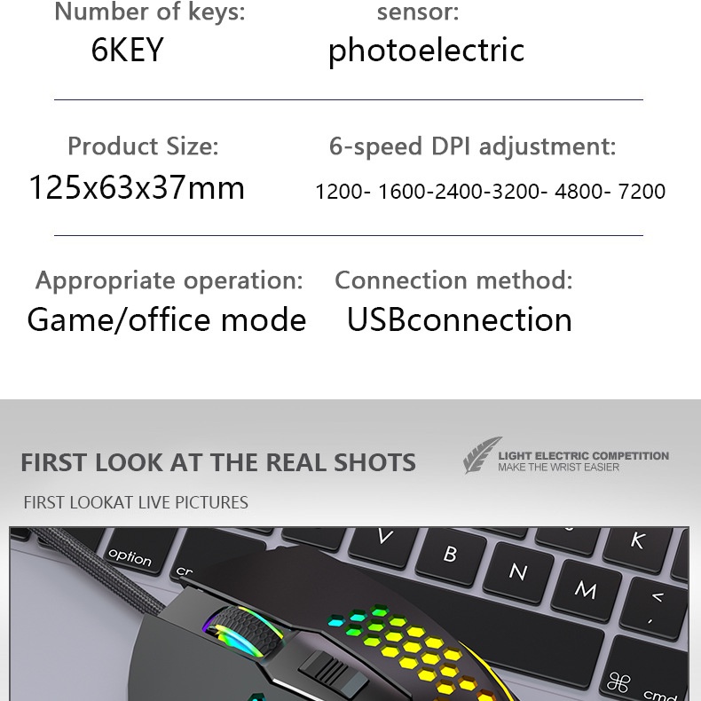 LEAVEN Light Weight RGB Gaming Mouse S50 Honeycomb Hole Design 7200 DPI ...