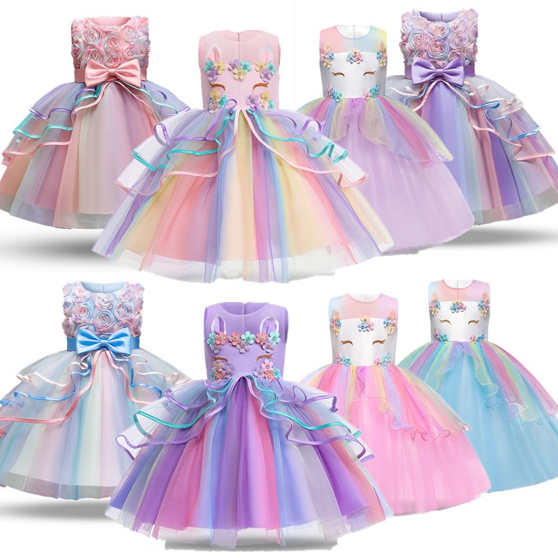 Girls Colorful Rainbow Unicorn Princess Dress Birthday Party Pageant ... Girls Colorful Rainbow Unicorn Princess Dress Birthday Party Pageant ...