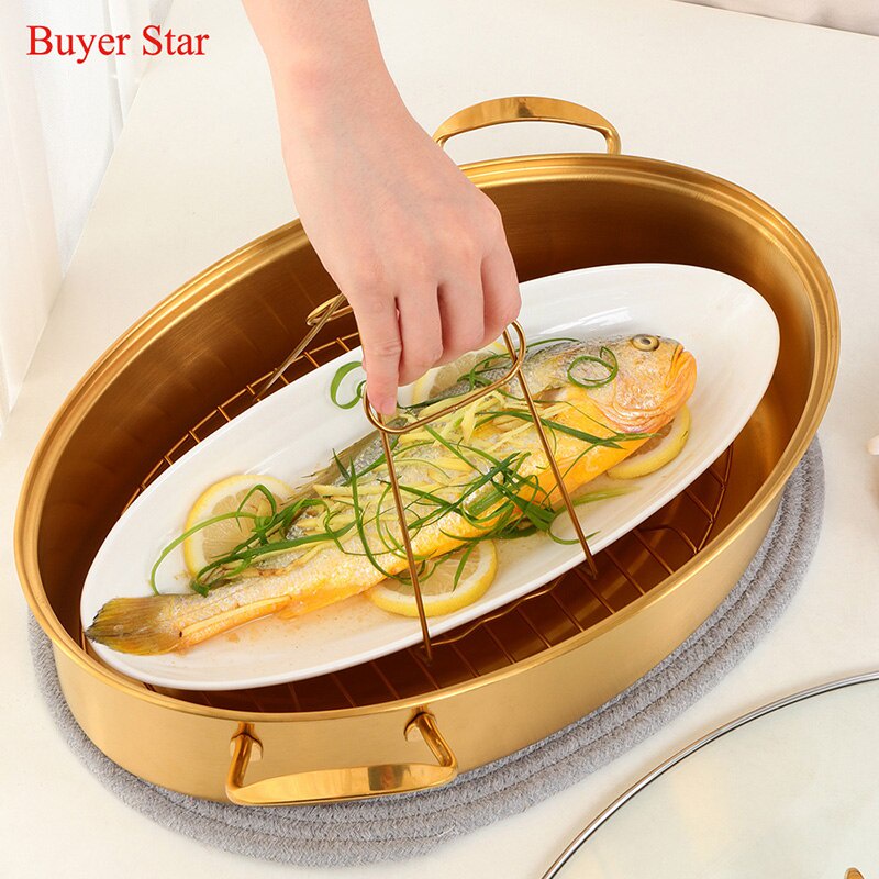 Gold Stainless Steel Fish Steamer Pot with Steam Rack double ear handle ...