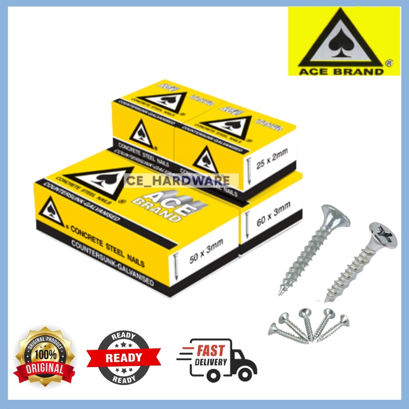 ACE BRAND GALVANISED FLAT HEAD -COUNTERSUNK STEEL CONCRETE NAIL PAKU SIMEN/CEMENT 16mm 20mm 25mm ...