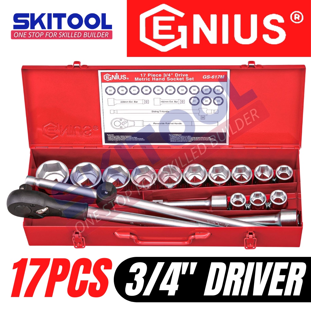 Genius Tools 17 Piece 3/4" Dr. Metric Hand Socket Set CR-Mo GS-617M ...