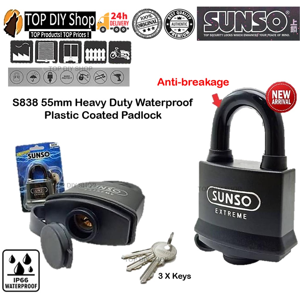 SUNSO S838 55mm Heavy Duty Waterproof Plastic Coated Padlock | Shopee ...
