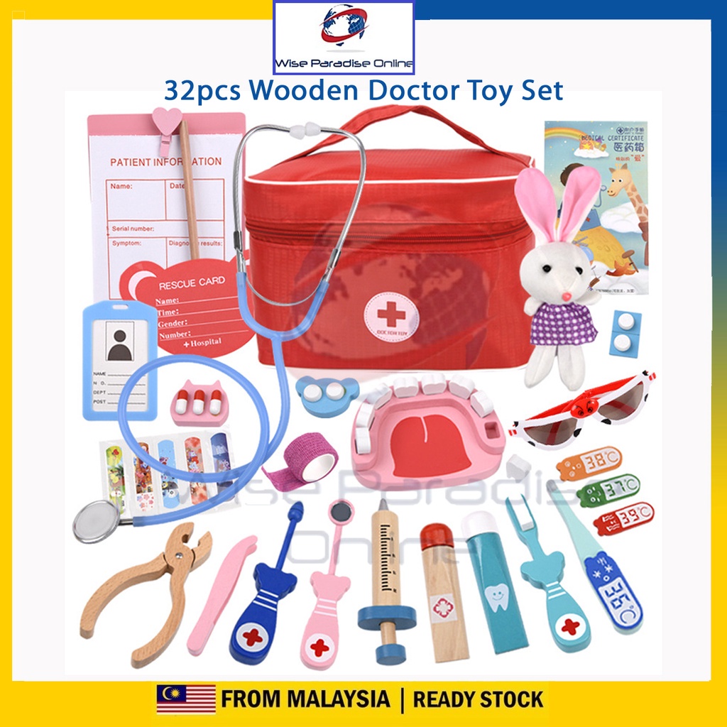 32pcs Wooden Doctor Toy Set Wooden Medical Tools Set Doctor Costume ...
