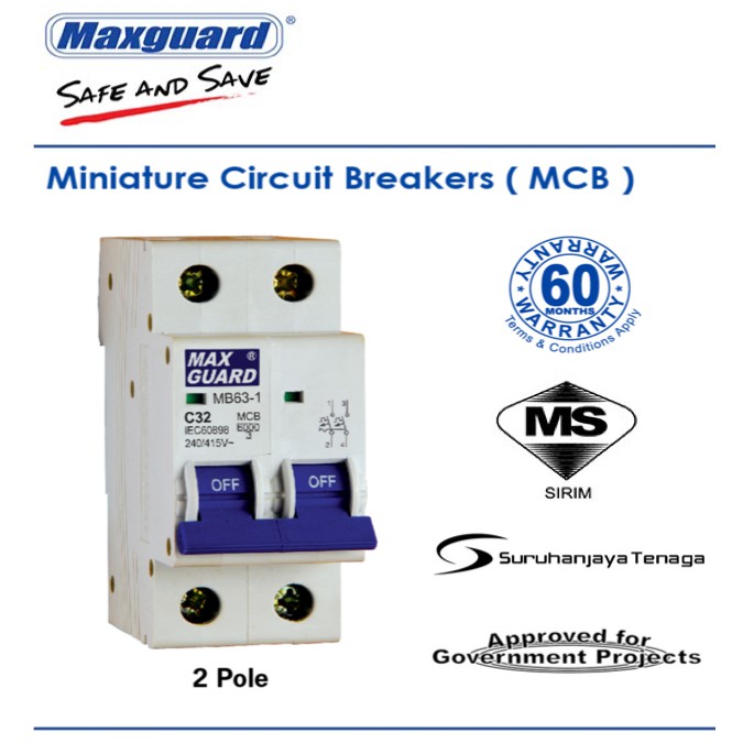 MAXGUARD 2 Pole 6KA Miniature Circuit Breakers (MCB)(6A 10A 16A 20A 32A 40A 63A) 2P | Shopee ...
