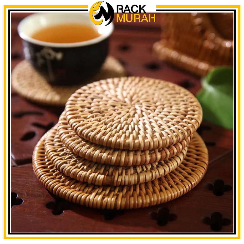JAPANESE VINTAGE BAMBOO CUP MAT RATTAN INSULATION TABLE MAT / ALAS ...