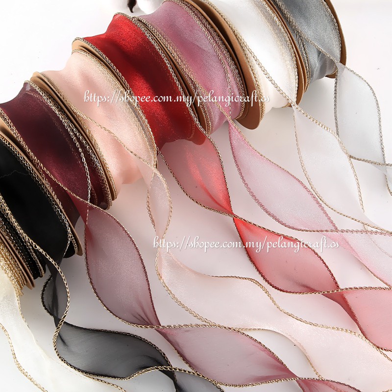 (11M) 4CM FISH TAIL Gold Ribbon Riben Reben Ribben Satin Organza Gift ...