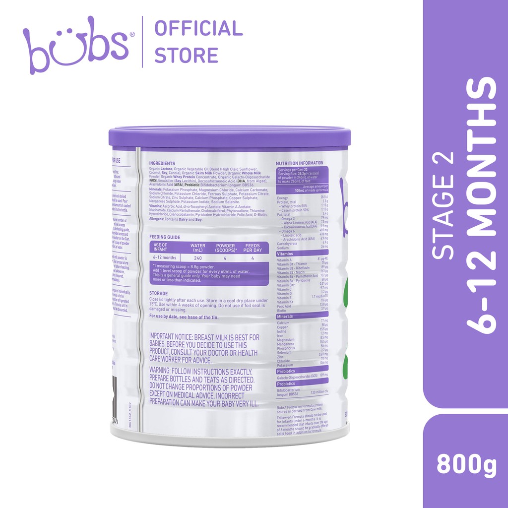 Bubs Organic Grass Fed Follow-On Milk Formula S2 800g Alpro