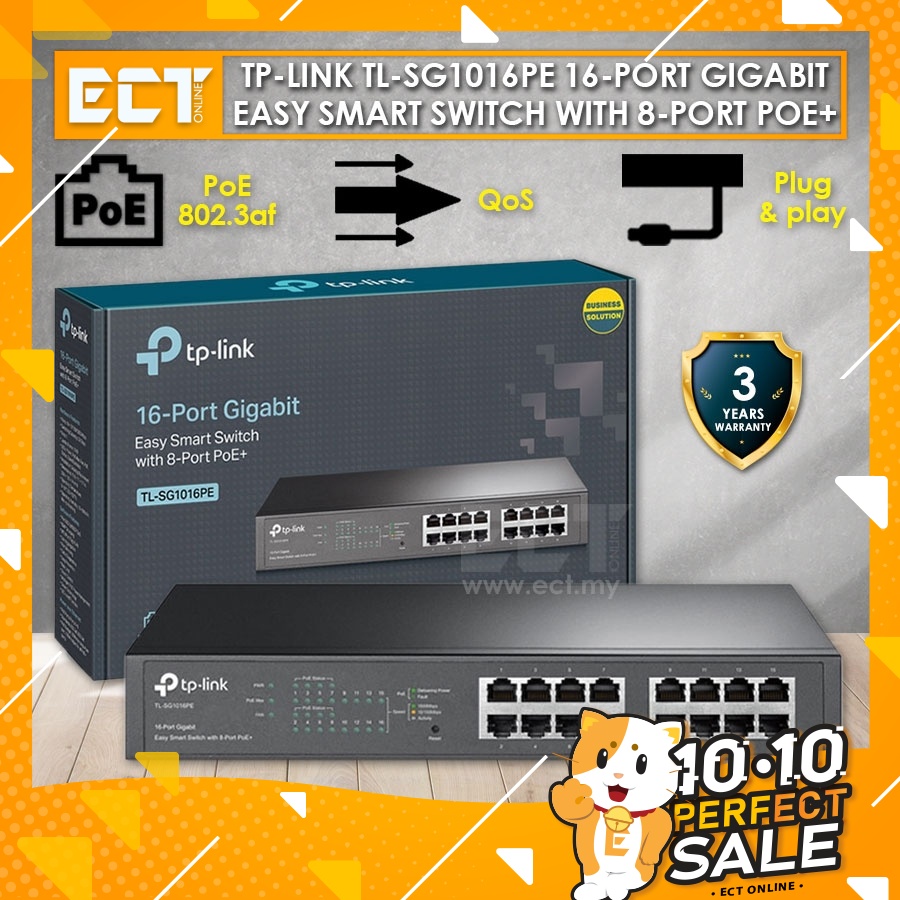 TP-Link TL-SG1016PE 16 10/100/1000Mbps RJ45 Ports Gigabit Easy Smart Switch with 8-Port PoE ...