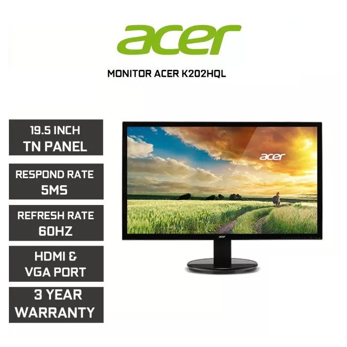 Acer Led Monitor 19.5" K202HQL 60Hz LCD 19.5" Monitor (HDM, VGA, 3Yrs ...