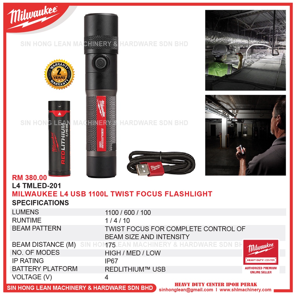 MILWAUKEEM L4 TMLED REDLITHIUM USB 1100L Twist Focus Flashlight L4 TMLED-201 L4 TMLED-301 ...