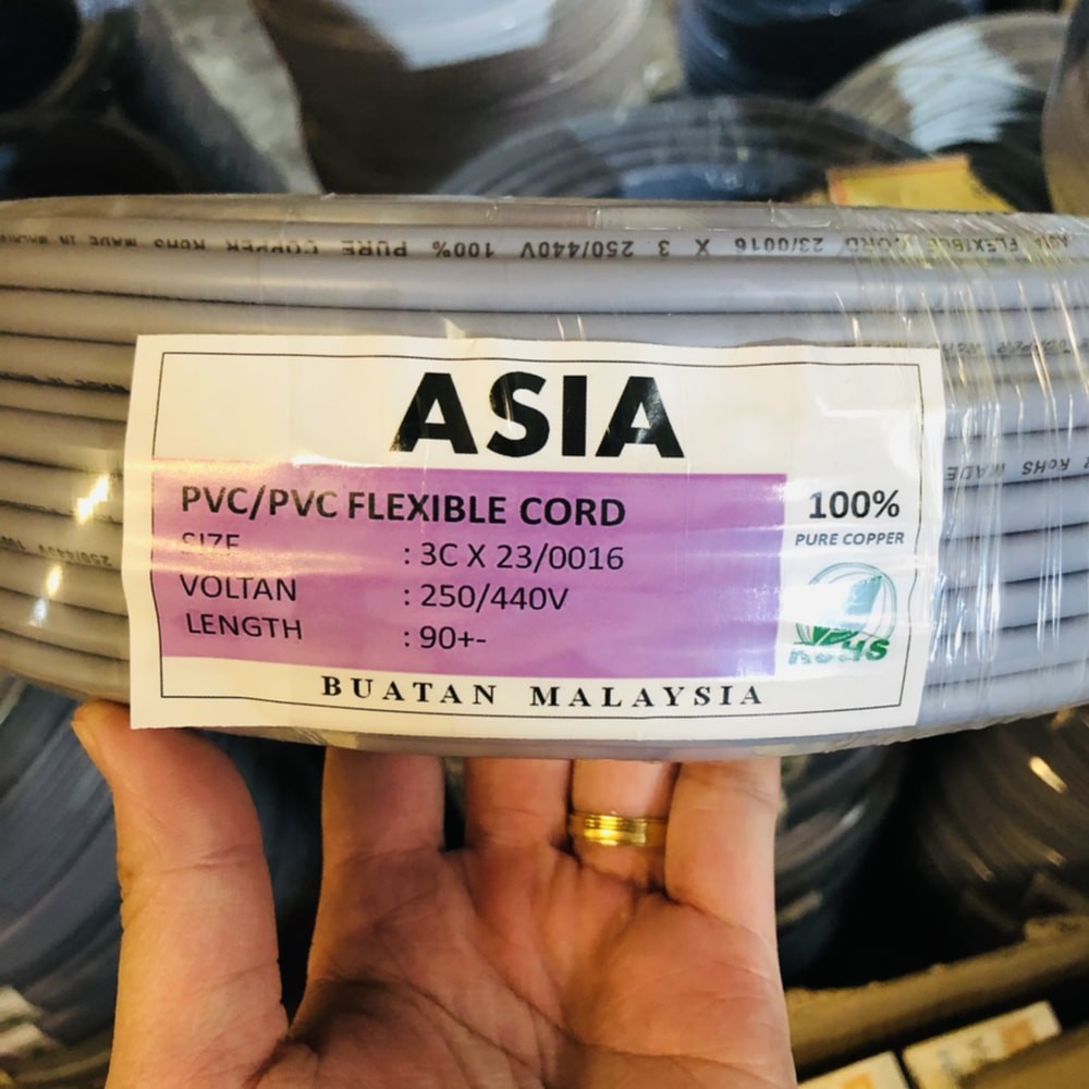 ASIA PVC Flexible Cable 3C x 23/0016 PVC Insulated Cable Wire 100% Pure Copper (SIRIM) | Shopee ...
