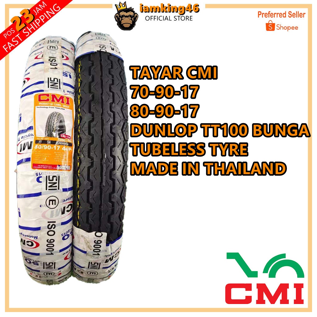 CRV CMI Camel Tyre Tayar TUBELESS Bunga DUNLOP TT100 RODMASTER 70-90-17 ...