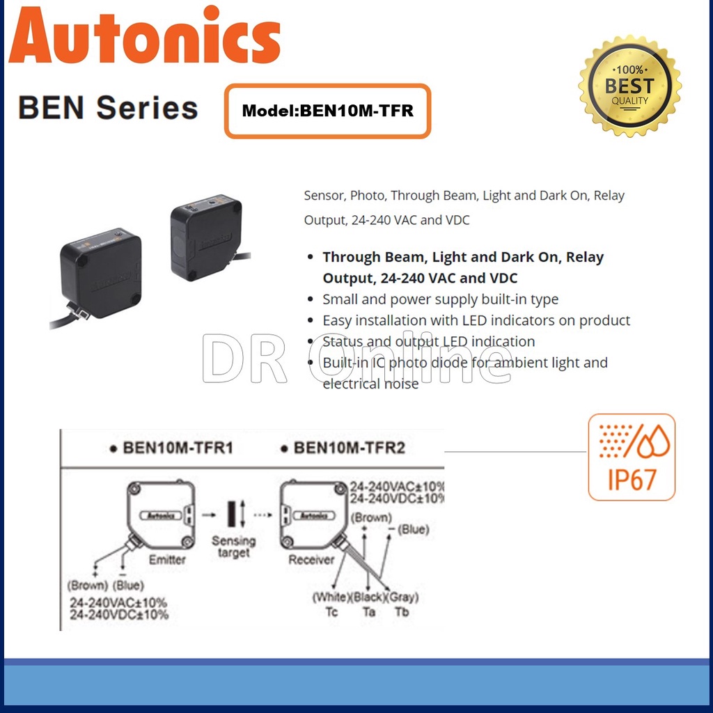 Autonics Photoelectric Sensor BEN10M-TFR Through Beam, Light & Dark On, Relay Output , 12-24VDC ...
