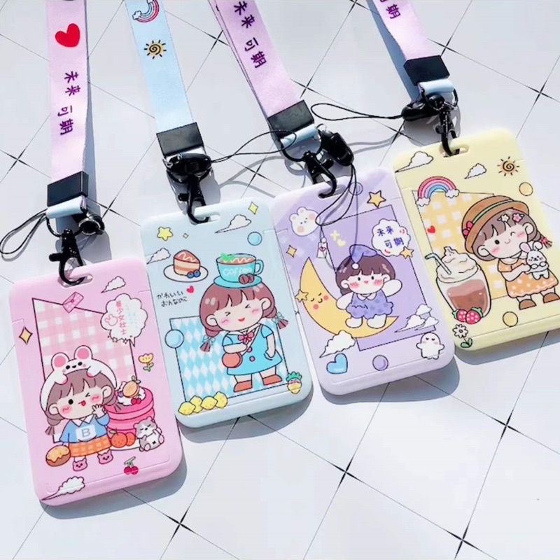 cute girl Card holder Cartoon design with lanyard office ID touch ...