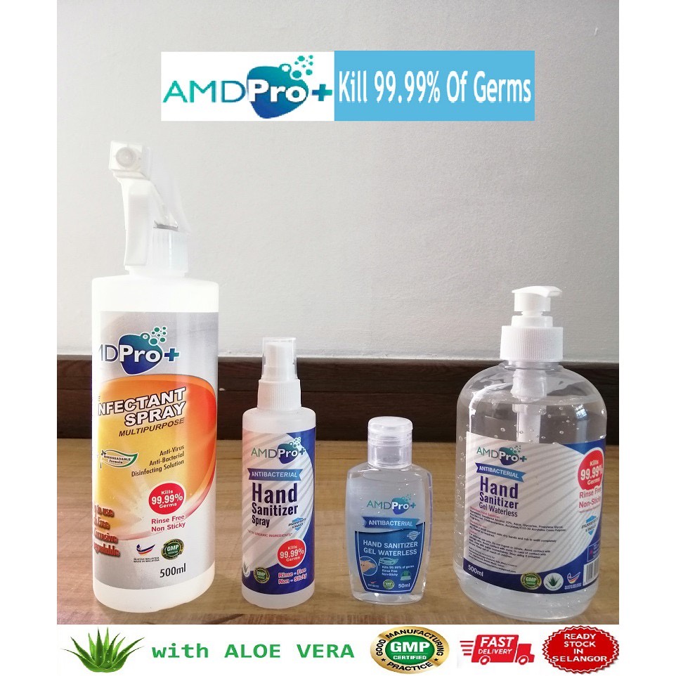 AMD PRO+ ANTIBACTERIAL HAND SANITIZER GEL WATERLESS/SPRAY ...