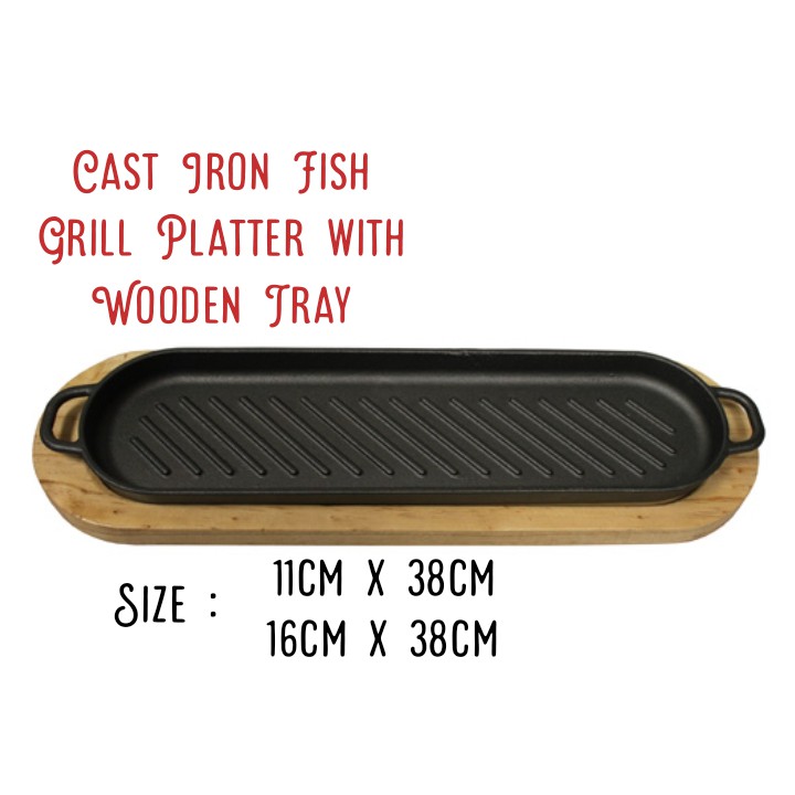 HOT PLATE/SIZZLING /GRILL /FISH /MEE PLATE CAST IRON WITH WOODEN TRAY ...