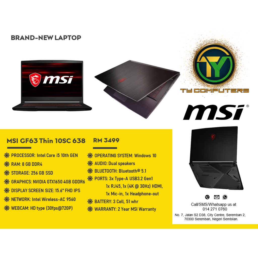 BRAND NEW MSI GF63 Thin 10SC 638 | GAMING LAPTOP | Shopee Malaysia