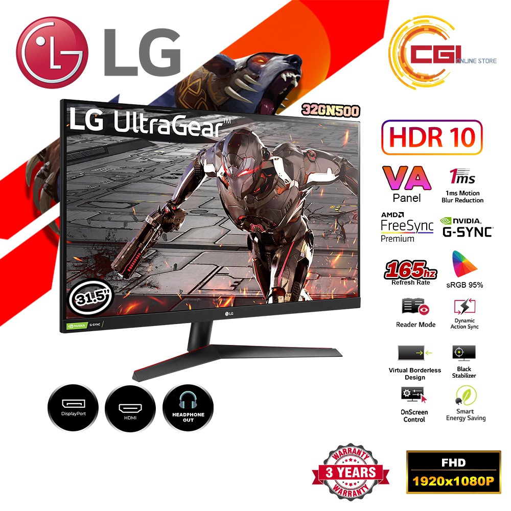 LG 31.5" 32GN500 UltraGear 165Hz 1ms HDR 10 FHD FreeSync Gsync VA ...
