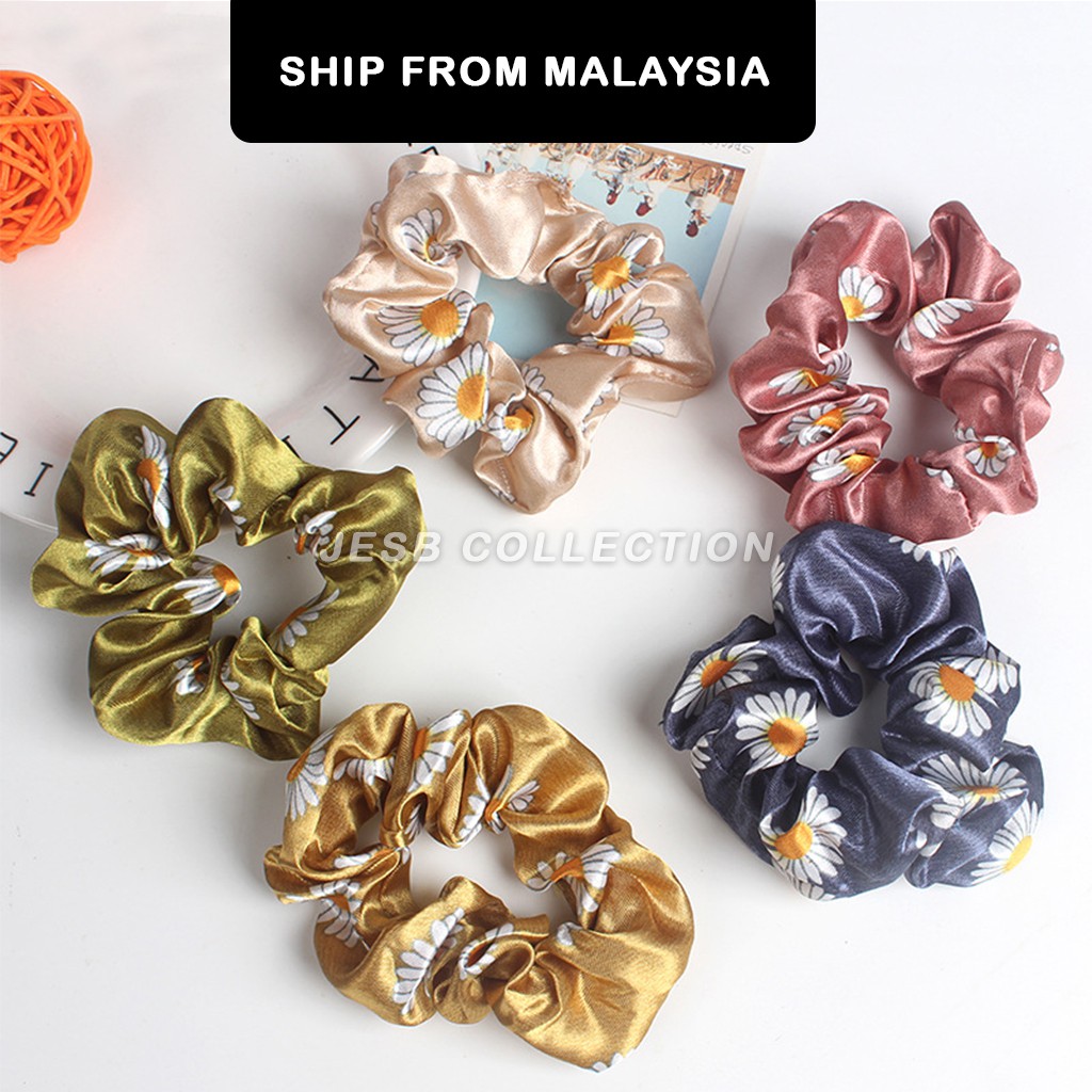 GETAH RAMBUT Daisy Print Silk Scrunchies Elastic Hair Bands Hair Ties ...