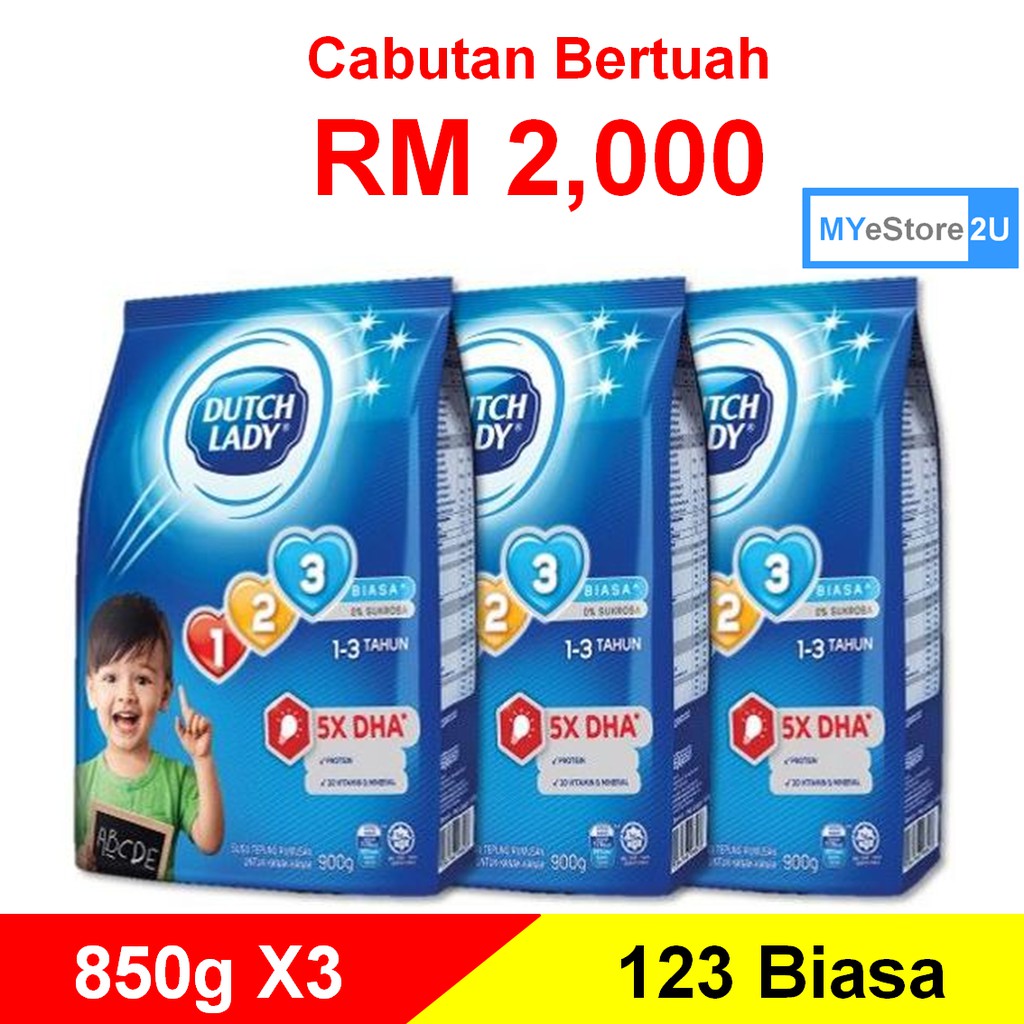 DUTCH LADY 123 (Biasa/Plain) 850g X3. [Susu Tepung. Milk Powder. Milk ...
