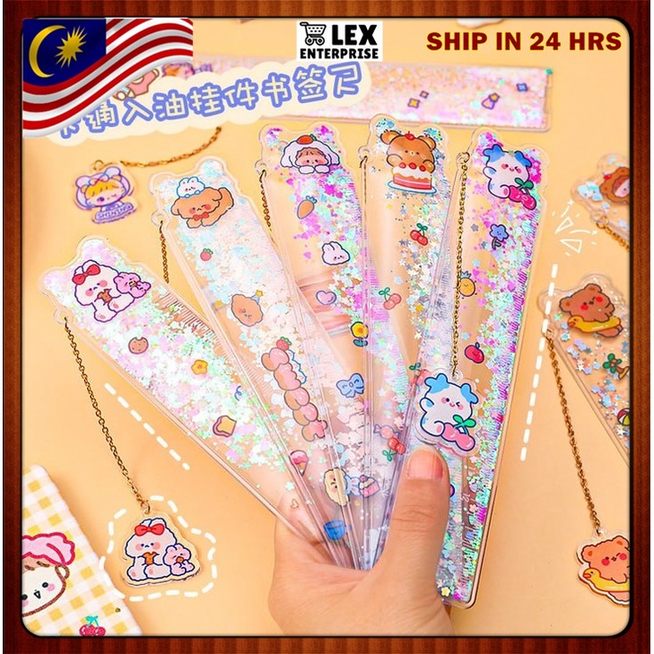 2in1 Korea Ins Plastic Ruler With Quicksand Bookmarks 15CM Acrylic Flexible Measuring Ruler ...