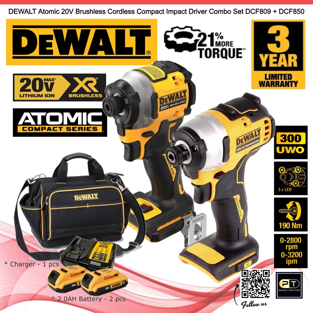 Dewalt atomic 20v impact driver combo set dcf809 + dcf850 (2b1c ...