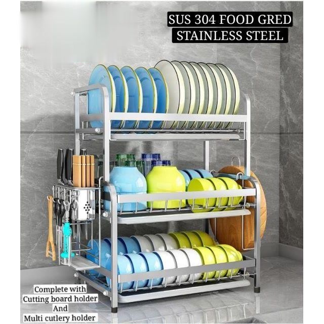 SUS304 3 TIER DISHS DRAINER/ DISH RACK / RAK PINGGAN MANGKUK STAINLESS ...