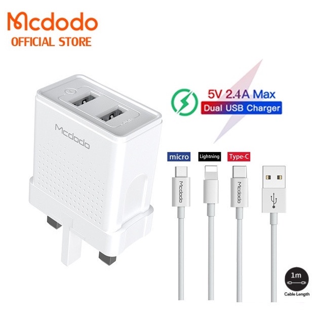 MCDODO CH-5720 / CH-5721 / CH-5722 Travel Charger + USB Cable / 12W Dual USB Output / 2.4A Fast ...